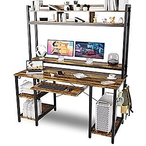 Computer Desk with Hutch Bookshelves, Storage Shelves, Keyboard Tray, Home Office Study Work Desk 53 inch Width, 70 inch High