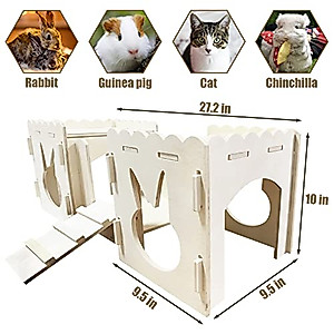 kathson Wooden Rabbit Castle Small Animals Hideout Bunny Playhouse Tunnel with Bridge Windows Spacious and Breathable Indoor Castle for Bunnies, Cat, Guinea Pig