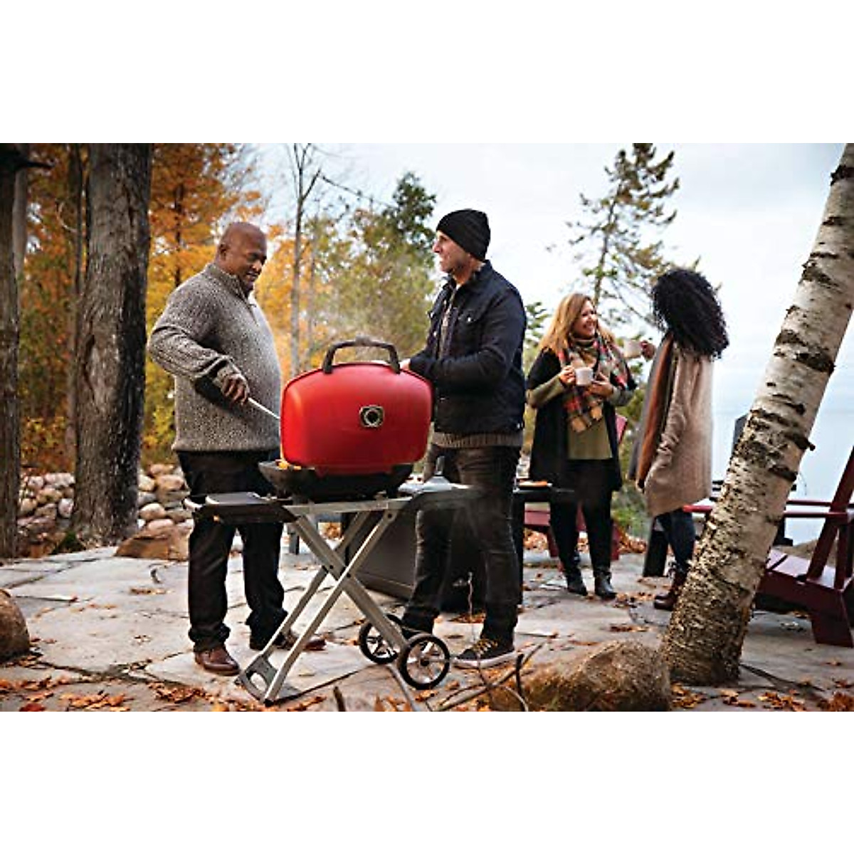 Napoleon TravelQ 285 Portable Gas BBQ Grill, Propane, Red Lid - TQ285X-RD-1-A Includes Folding Cart, Two Burners, Cast Iron Cooking Grids, Comes With Drop-in Griddle, Ideal for Camping & Tailgating