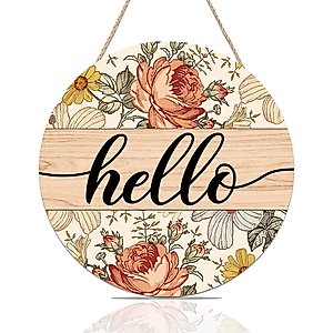 FWIEXA Vintage Hello Sign for Front Door, Boho Hello Spring Door Sign with Flowers, Colorful Floral Welcome Wooden Hanging Sign Decor for Entryway Front Porch Yard (12"x 12")