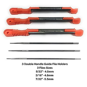 Cataumet Chainsaw Sharpener File Kit Includes 3 Round Files Sizes 5/32" 3/16" 7/32" with 3 Sharpening Guide Handles 1 Stump Vise 1 Felling Wedge 1 Flat File1 Depth Gauge 1 Wrench 1 Large Field Bag