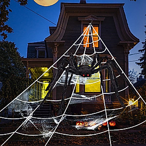 Halloween Decorations Outdoor 16 FT Giant Halloween Spider Web + 50" Large Spider, Triangular Huge Spider Web and Stretch Cobwebs Outdoor Halloween Decorations Yard Lawn Party Decor Props for Haunted