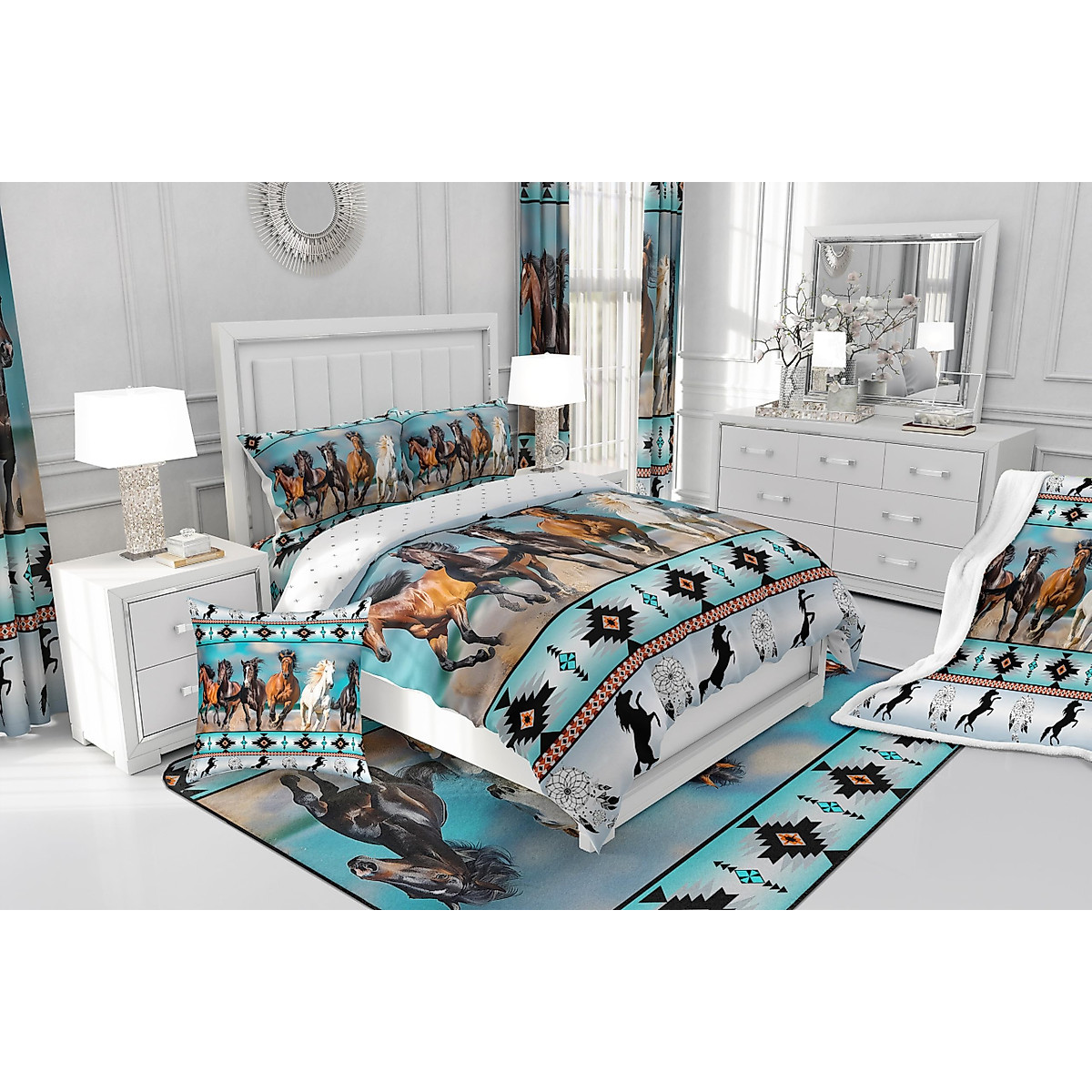 Aztec Duvet Cover African Tribal Horse Printed Bedding Set,Farm Animals Comforter Cover Ethnic Tribe Arrow Dream Catcher Queen Bed Set,Southwest Native Exotic Nordic Style Room Decor