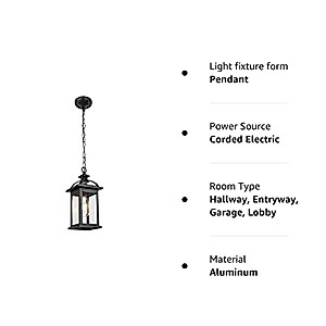 Darkaway Outdoor Pendant Light Fixture Lantern, Hanging Porch Light with Glass Aluminum Outdoor Pendant Lights for Porch, Patio, Entryway (1 Pack, Black)