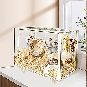 Cawuwe Wooden Hamster Cage Large for Small Animal Habitat for Rabbits Guinea Pigs Chinchillas Syrian Hamsters Home with Acrylic Transparent Board Oblique Opening Hamster Play House