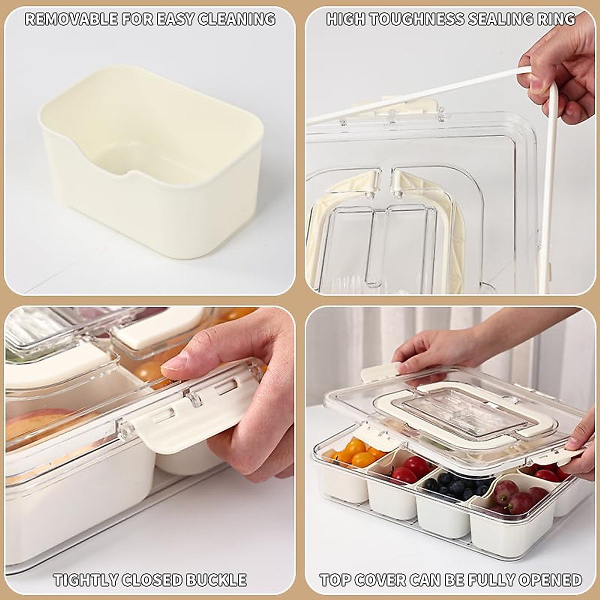 SNEKZ 𝟮 𝗣𝗮𝗰𝗸 Divided Serving Tray with Lid and Handle, 8 Compartments Portable Snackle Box Container for Fruit, Veggies,Clear Snack Containers for Kids and Adult, Perfect for Travel, Picnic