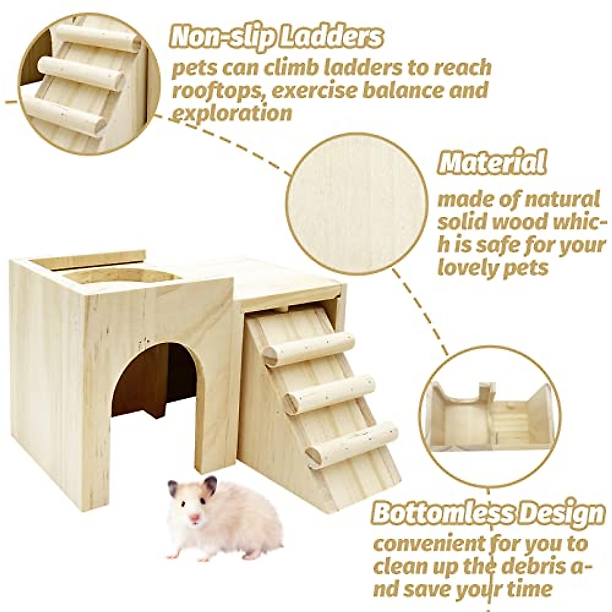 kathson Wooden Hamster Hideout Dwarf Mice House Multi Chamber Small Animal Hideout Maze with Ladder Cage Accessories for Dwarf Hamsters Winter Whites Chipmunk Gerbils Flying Squirrel