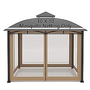 Tumjay Gazebo Universal Replacement Mosquito Netting 10’x10’ Garden Gazebo Netting Outdoor Canopy Mesh Patio Screen Sidewalls with Zipper（Mosquito Net Only,Khaki）