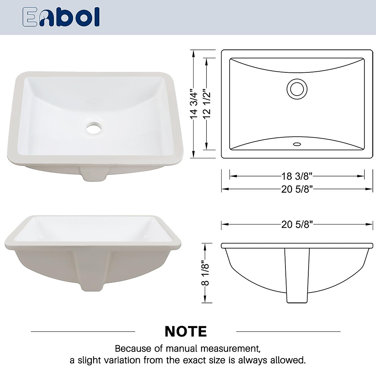 Enbol Bathroom Undermount Sink White Rectangular Ceramic Sink for Bathroom with Overflow - ECU1812 Exterior: 20 5/8" x 14 6/8" x 8 1/8"