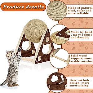 Cat Scratcher Ball Wood Sisal Cat Scratcher Toy Cats Scratcher Orb Scratcher for Indoor Kittens and Cats Nails Interactive Solid Wood Pet Toy Cat Exercise Fun Toy Protect Your Furniture (Small)