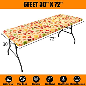 Smiry Plastic Thanksgiving Tablecloth, Fall Leaves Waterproof Elastic Fitted Table Covers for 6 Foot Tables, Wipeable Flannel Backed Vinyl Tablecloths for Autumn Harvest, Parties (Rust, 30x72 Inches)