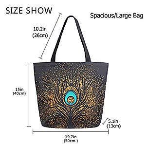 ZzWwR Beautiful Gold Sparkling Peacock Feather Extra Large Canvas Shoulder Tote Top Handle Bag for Gym Beach Travel Shopping