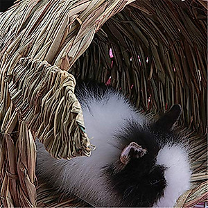 heave Hand-Made Rabbit Grass Bed House,Natural Seagrass Hideaway Play and Chew Toys Woven Folding Hut for Rabbit, Guinea Pig, Gerbils, Hamster and Other Small Animals Wood Color