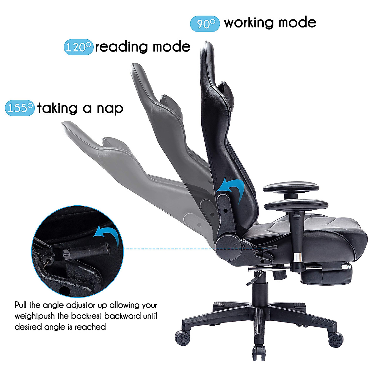 KCREAM Gaming Chair with Footrest Adults Gamer Chair High Back PU Leather Gaming Computer Chair Large Racing Game Chair, with Adjustable Armrests and Massage Lumbar Support (Black)