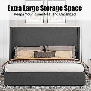 Jocisland Lift Up Storage Bed Queen Size Linen Upholstered Platform Bed Frame/Hydraulic Storage/Modern Wingback Headboard/No Box Spring Needed/Wood Slats Support/Dark Grey
