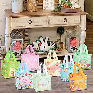 8PCS Happy Easter Egg Hunt Bags Easter Bunny Carrot Chick Egg Gift Bags with Handles, Easter Treat Bags, Multifunctional Non-Woven Easter Bags for Gifts Wrapping, Egg Hunt Game, Easter Party Supplies , 8.3×7.9×5.9inch