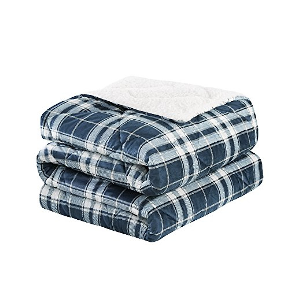 Comfort Spaces Aaron Sherpa Comforter and Throw Combo Set, Ultra Softy Fluffy Warm Checker Plaid Pattern Cold Weather Bedding, Full/Queen, Navy,CS10-0409