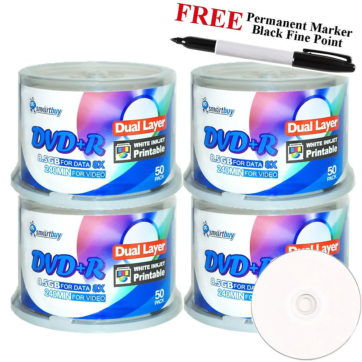 Smartbuy 200-disc 8.5GB/240min 8X DVD+R DL White Inkjet Hub Printable Blank Media Disc + Black Permanent Marker