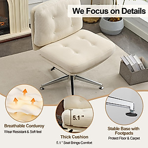 Okeysen Criss Cross Desk Chair No Wheels, Height Adjustable Armless Office Desk Chair, Swivel Accent Chair, Wide Comfy Reading Chairs, Modern Cross Legged Sitting Chair for Living Room, Bedroom