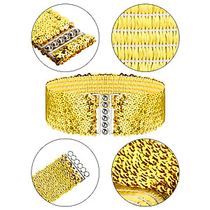 3 Pieces Sequin Belt for 70s 80s Costume Party, Disco Party Costume Wide Waist Elastic Cinch Belt Cheerleader Stretchy Belt for Women Girl Metal Buckle Glitter (Gold Silver Black)