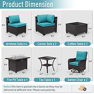 Knnbxa 11 Pieces Patio Furniture Set Modular Outdoor Set with 2 Swivel Chairs Outdoor Sectional Wicker Rattan Sofa Set w/55000 BTU Fire Pit Conversation Set for Backyard Porch-Blue