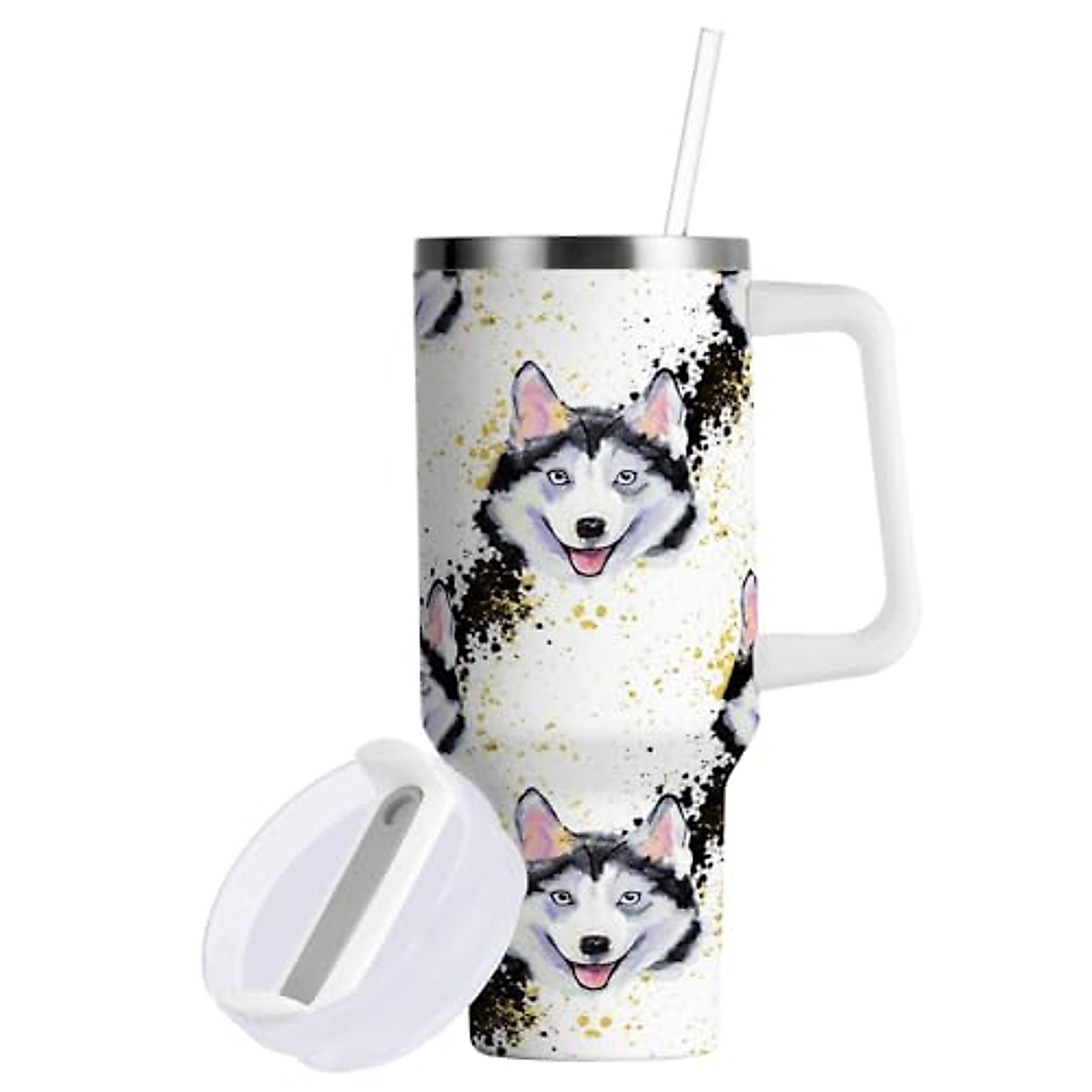 RPLIFE Watercolor Kawaii Husky Dog Tumbler with Handle, Stainless Steel Coffee Mug, Tumbler with Straw