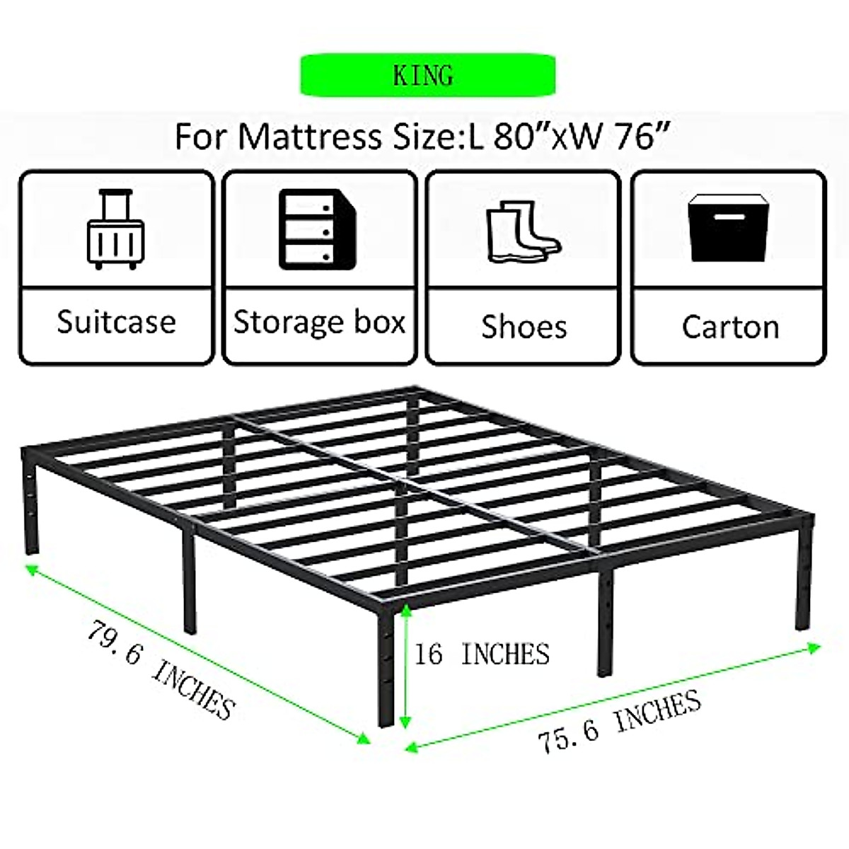 ALDRICH Metal King Size Bed Frame - 16 Inch Tall Black Basic Anti Squeak Steel Slats Platform, Easy Assembly Heavy Duty Noise Free Bedframes, No Box Spring Needed