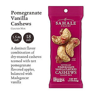 Sahale Snacks Pomegranate Vanilla Cashews, 1.5 oz Bags (18 Packs) - Dry-Roasted Deluxe Mixed Nuts with Pomegranate Infused Apples & Madagascar Vanilla - Non-GMO, Kosher, & Certified Gluten-Free Snacks