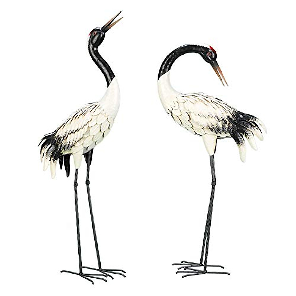 chisheen Garden Crane Statues Outdoor Heron Red Crowned Crane Metal Yard Art Sculpture,Set of 2