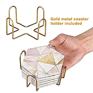 6 Pcs Pink Marble Coasters with Holder Gold Absorbent Drink Coasters Hexagon Cute Ceramic Table Coaster Set Decorative Bar Coasters Modern Coffee Cup Coasters