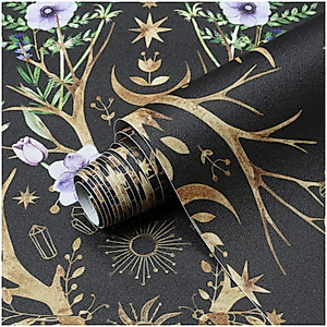 HAOKHOME Gothic Wallpaper Peel and Stick Retro Floral Damask Bronze/Black/Purple Witchy Wall Decor Bathroom Removable Mural 17.7in x 9.8ft