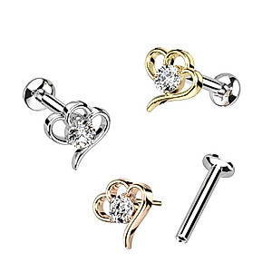 Amelia Fashion 16 GA Hollow Heart With CZ Center Threadless Push In Top 316L Surgical Steel Labret, Convex Back Stud (Choose Color) (L. 8mm - Clear)