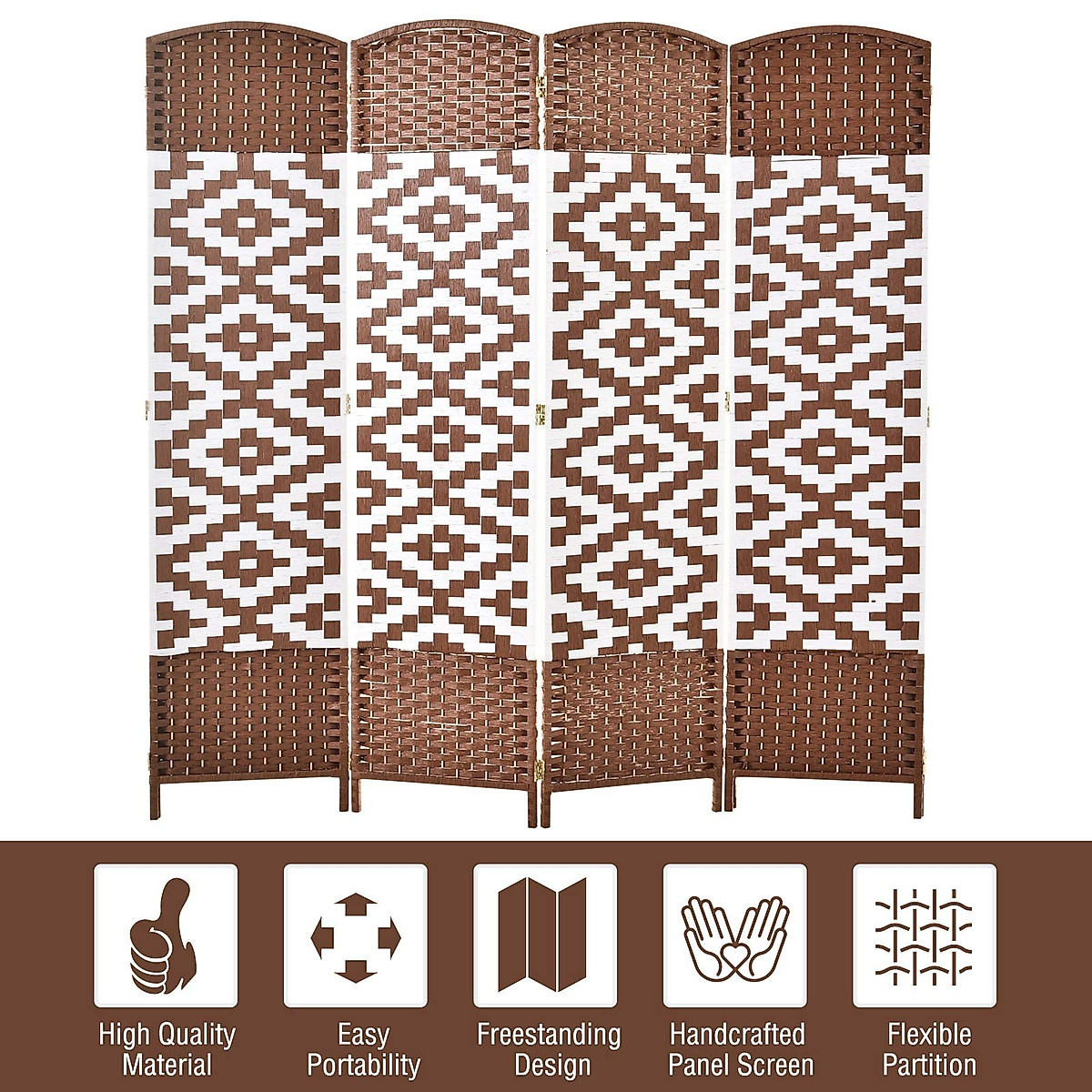HOMCOM 6ft 4-Panel Diamond Weave Folding Room Divider with Freestanding Folding Screen & Stylish Wicker Material