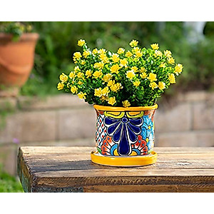 Enchanted Talavera Small Ceramic Flower Pot & Saucer Succulent Planter House Plant Cactus Bonsai Decorative Pot Plant Container 2-Piece Set (Marigold)