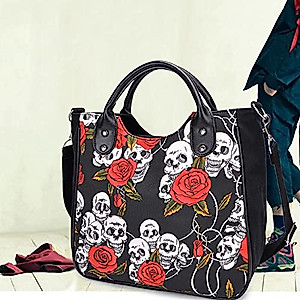 Women Canvas Handbags Skull Tote Shoulder Crossbody Bag Hobo Purse Punk Satchel Bags, Printed Skull