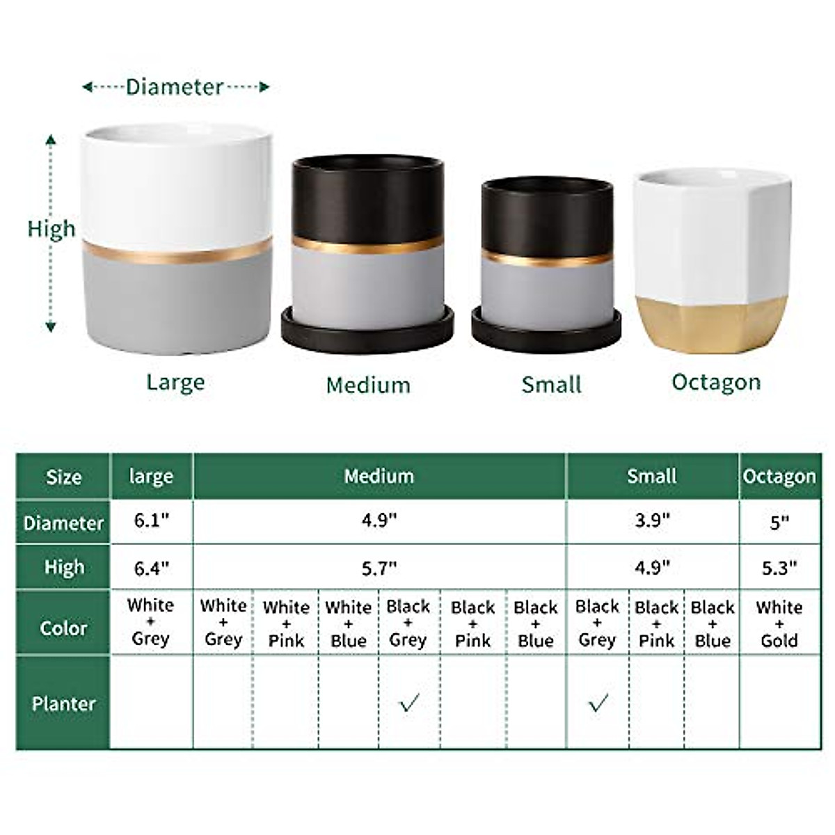 POTEY 052004 Planter Pots Indoor - 4.9 & 3.9 Inch Modern Home Decor Cylinder Ceramic Flowerpot Bonsai Container with Drainage Holes&Saucer for Indoor Plants Flower Succulent(Plants NOT Included)