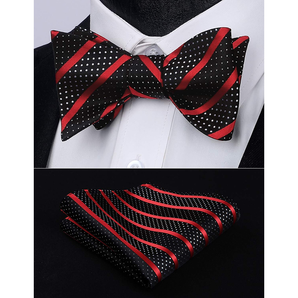 HISDERN Bow Ties for Men Red Bow Tie Self Tie Stripe Bowtie Handkerchief Set Adjustable Formal Tuxedo Black Polka Dot Bowties & Pocket Square Wedding
