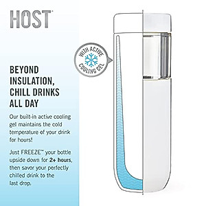 HOST Freeze Double Walled Insulated Water Bottle Freezer Tumbler with Active Cooling Gel Stainless Steel Lid and Silicone Grip, Set of 1 20 Oz Plastic Bottle, White
