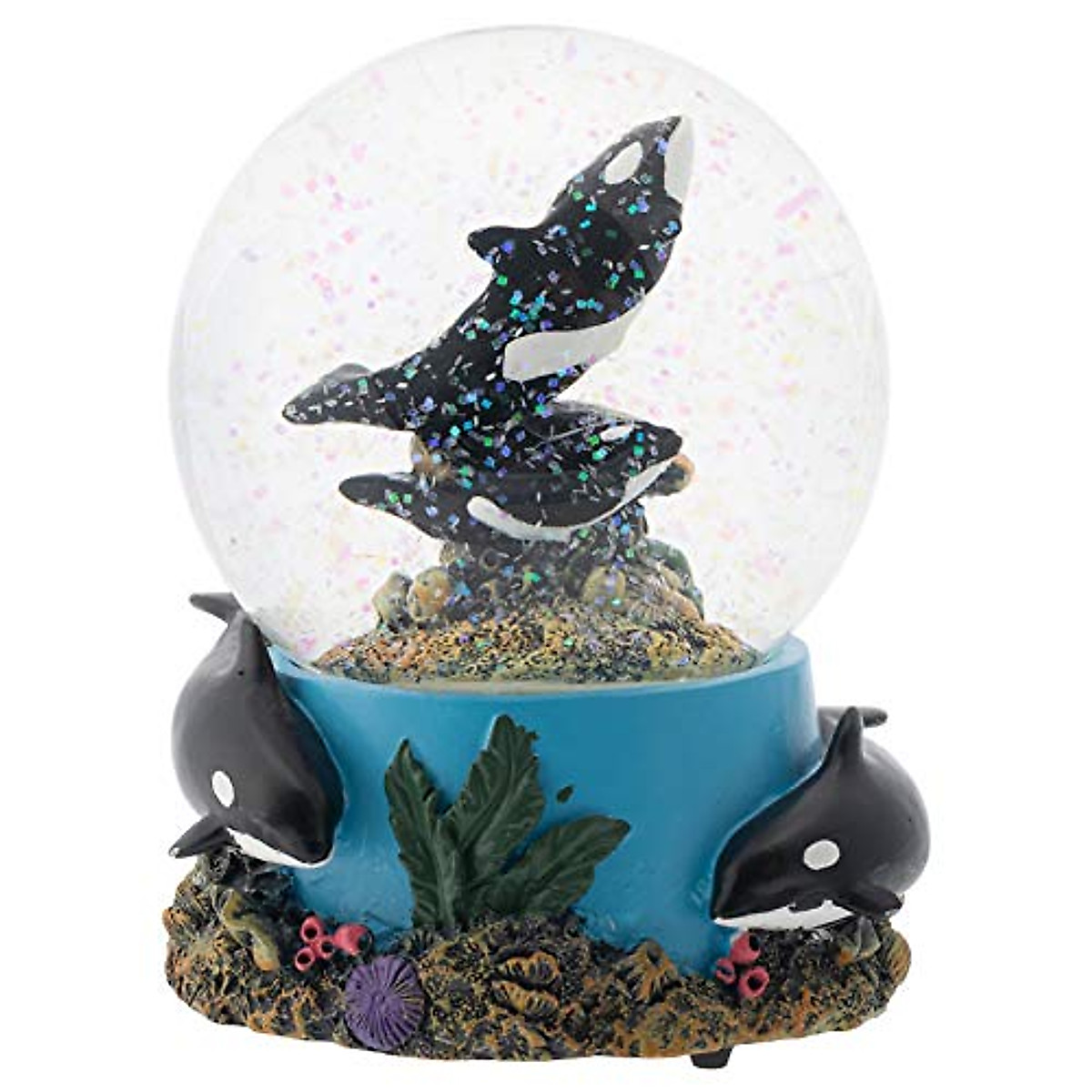 Coral Reef Orca Pod 100MM Musical Snow Globe Plays Tune Wonderful World