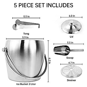 Hassol 2L Ice Bucket with Lid, Tongs, Scoop and Strainer, Premium for Parties, Cocktail Bar, Champagne, Wine, Chilling, Perfect for Bar Accessories for the Home Bar to Freezer, Stainless Steel Bucket