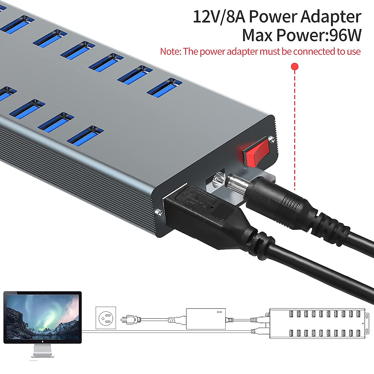 Royata Powered USB Hub Industrial Grade USB 2.0 Hub 20 Port 12V/10 Power Support Charger Data Sync and Charging Station with Separate On/Off Switch and Light for Laptops, PCs,etc.