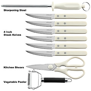 grilljoy 17PCS Premium Knife Set With In-drawer Knife Block, High Carbon Stainless Steel Cutlery Knife Block Set, Versatile Chef Knife Set for Daily Kitchen Use, White