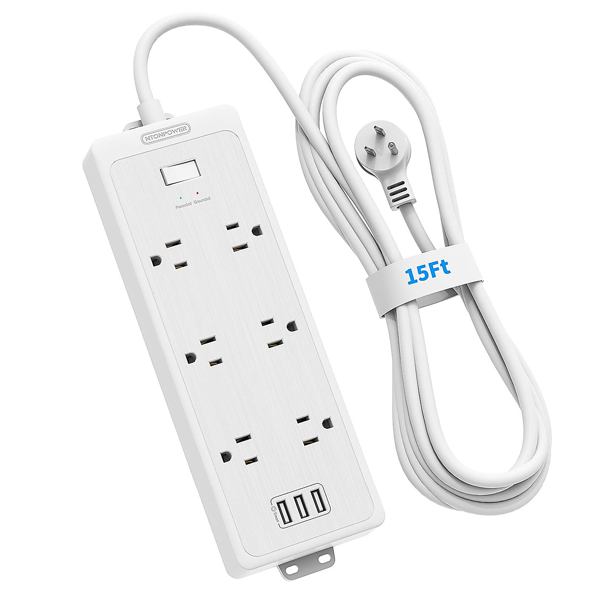 15 FT Extension Cord Surge Protector Power Strip 6 Super Wide Spaced Outlets, NTONPOWER Flat Plug Surge Protector Wall Mount with 3 USB, 1875W, 15A, 1700 Joules, Overload Protection for Home Office