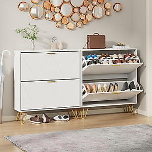 CARPETNAL Shoe Cabinet for Entryway Slim, White Shoe Storage Cabinet with 2 Flip Drawers, Narrow Shoe Rack Cabinet, Freestanding Shoe Cabinet Organizer with Metal Handle and Legs for Entryway, Hallway