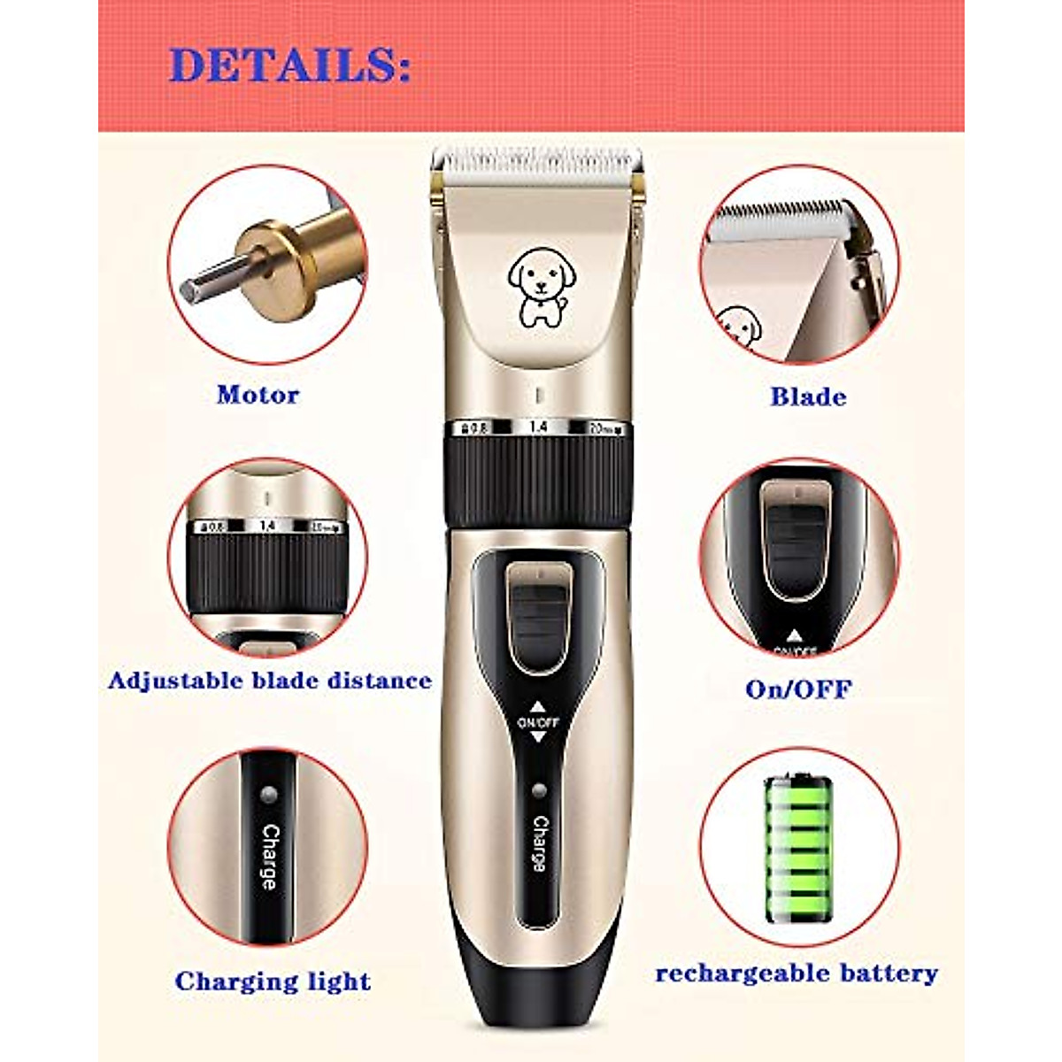 Pet Shaver Clippers Low Noise Rechargeable Cordless Electric Quiet Hair Clippers Set for Dogs Cats Pet