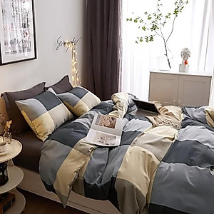 VClife Cotton Duvet Cover Queen, Modern Beige Black Grey Grid Printed Bedding Sets, 3 PCS Simple Queen Size Geometric Duvet Cover for All Season, Zipper Closure & Corner Ties, Easy Care, Breathable