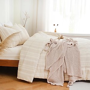 MOVE OVER Striped Linen Comforter Set Queen Linen Cotton Blend Bedding Comforter Set 3 Pieces Wide and Narrow Stripe Design Neutral Style Flax Comforter Set for All Season
