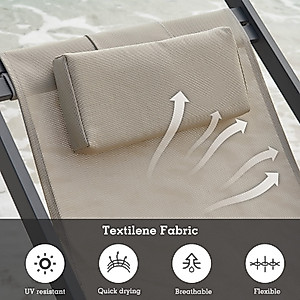 RICNOD Outdoor Sling Chairs Set of 2 Portable Folding Aluminum Reclining Lounge Chairs Adjustable Patio Deck Chairs with Headrest, 2 Folding Stools, Beige