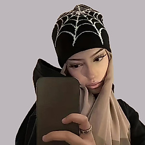 Y2k Beanie Women Beanies Spider Beanie Winter Warm Knit Hat Gothic Beanies Outdoor Black Beanie Spider Web for Men Teenagers (Black & White)