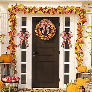 Whaline 30 Yard Fall Thanksgiving Wired Edge Ribbon White Black Buffalo Plaids Ribbon Autumn Leaves Pumpkin Truck Craft Ribbon Rustic Vintage Farmhouse Wrapping Ribbon for Wreath Floral Bow, 4 Rolls